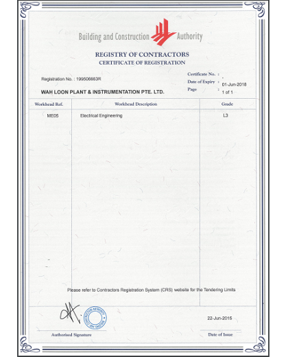 Building & Construction Authority Grades, Electrical engineering - Wah Loon
